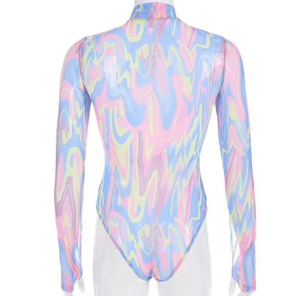 Tops | Colorful Trippy Long Sleeve Sheer Bodysuit | Poshmark